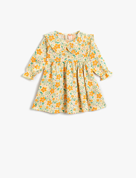 Koton Kız Çocuk Çiçekli Elbise Bebe Yaka Uzun Kollu