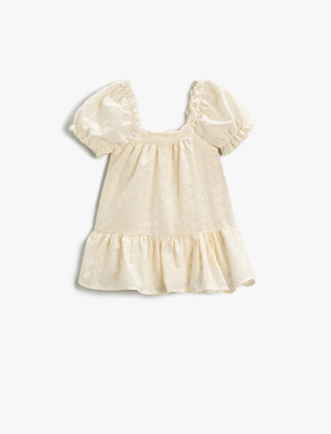 Koton Kız Çocuk Midi Elbise İşlemeli Balon Kollu Fırfırlı