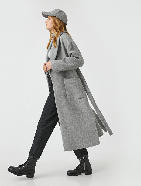 Koton Kadın Katlı Yaka Kuşaklı Uzun Kaban