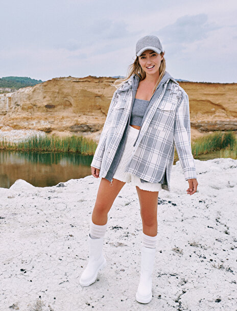 Koton Kadın İşlemeli Kareli Gömlek Ceket