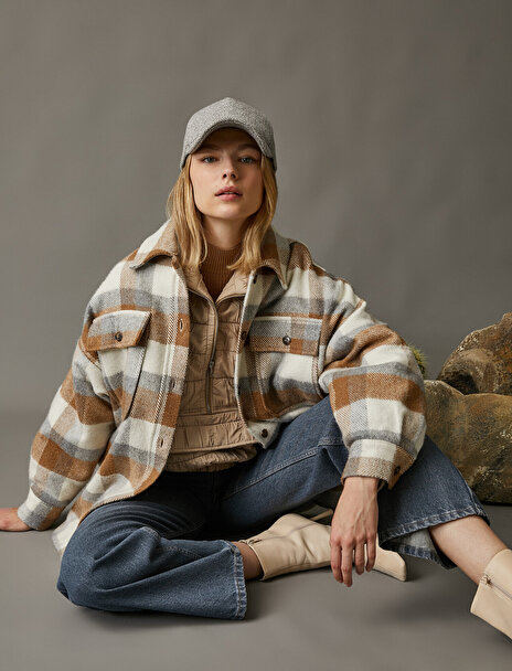 Koton Kadın Kareli Cepli Oversize Gömlek Ceket