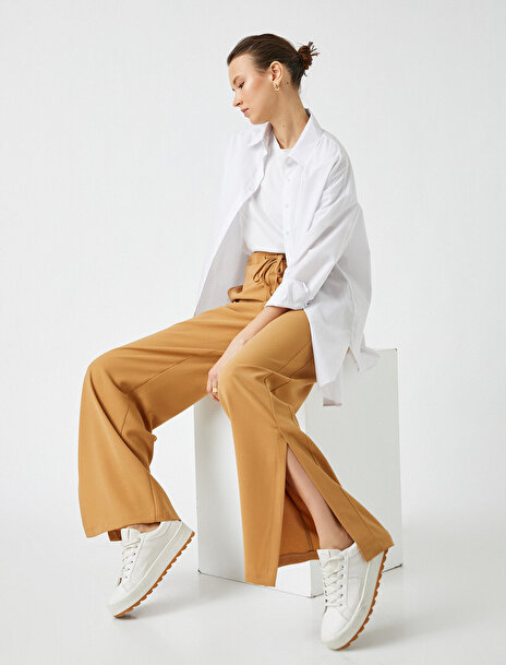 Koton Kadın Beli Bağlamalı Paçası Yırtmaçlı Bol Paça Pantolon