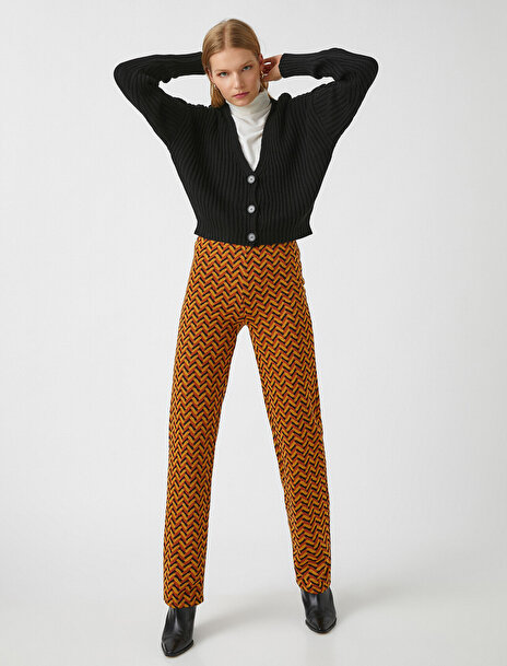 Koton Kadın Yüksek Bel Desenli Geniş Paça Pantolon