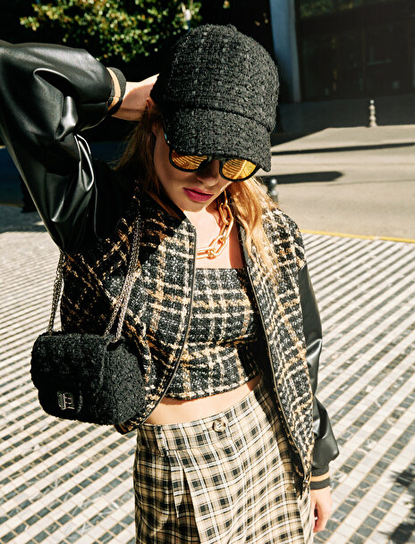 Koton Kadın Ekoseli Deri Detaylı Fermuarli Tüvit Ceket