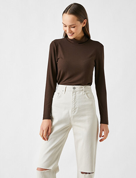 Koton Kadın Yarım Balıkçı Yaka Fitilli Uzun Kollu Tişört