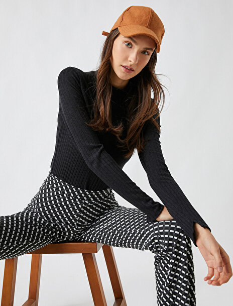 Koton Kadın Yarım Balıkçı Yaka Fitilli Tişört Uzun Kollu