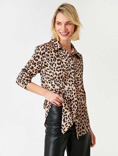 Koton Kadın Leopar Desenli Geniş Yakalı Uzun Kollu Düğmeli Gömlek Koton Kadın Leopar Desenli Geniş Yakalı Uzun Kollu Düğmeli Gömlek