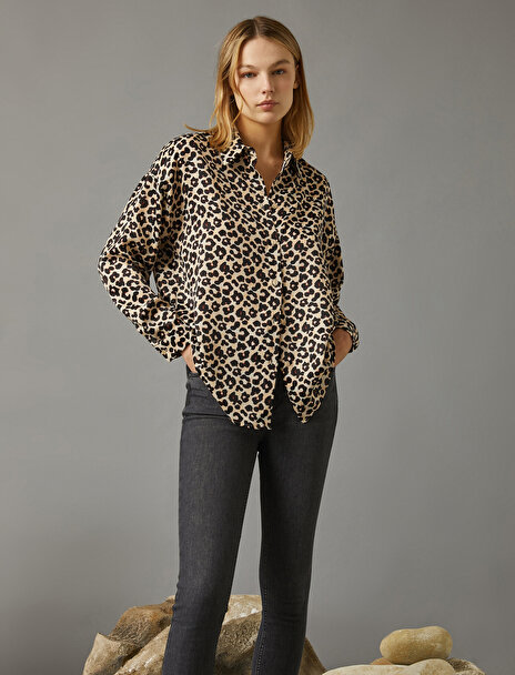 Koton Kadın Leoparlı Oversize Saten Gömlek Koton Kadın Leoparlı Oversize Saten Gömlek