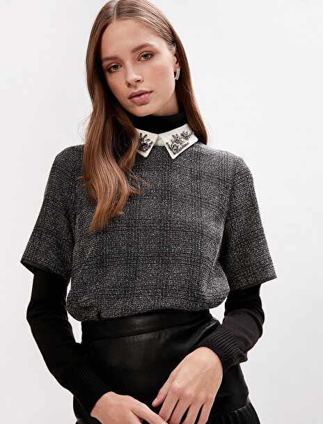 Koton Kadın Yakası Taş Detaylı Simli Kısa Kollu Gömlek