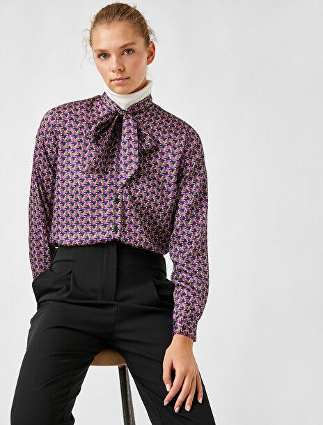 Koton Kadın Fiyonk Yaka Desenli Gömlek Uzun Kollu Koton Kadın Fiyonk Yaka Desenli Gömlek Uzun Kollu