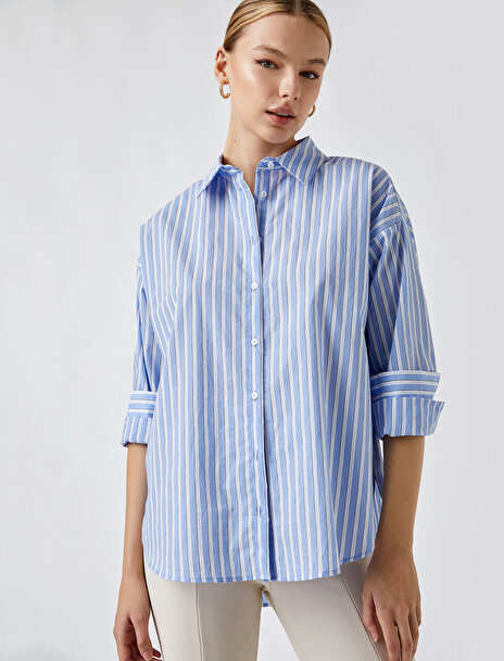 Koton Kadın Klasik Yaka Çizgili Uzun Kollu Gömlek