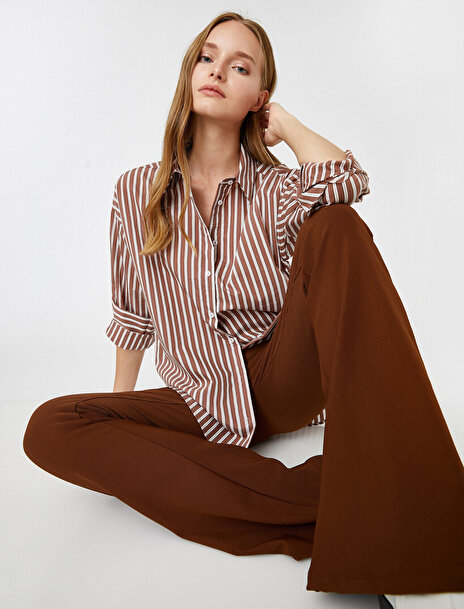 Koton Kadın Klasik Yaka Çizgili Uzun Kollu Gömlek
