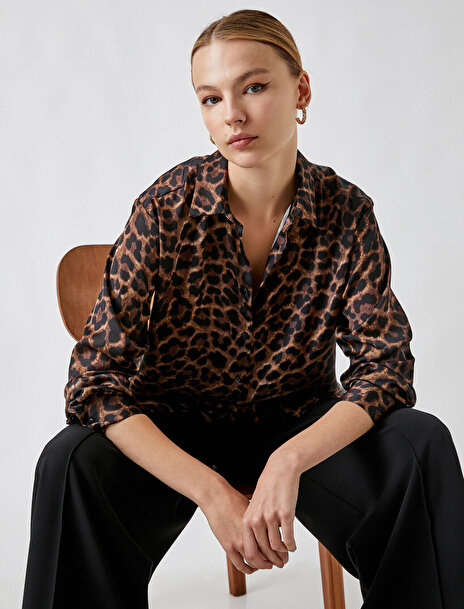 Koton Kadın Leopar Desenli Klasik Yaka Uzun Kollu Gömlek