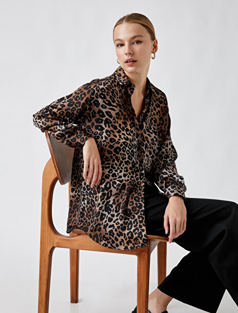 Koton Kadın Leopar Desenli Klasik Yaka Oversize Gömlek