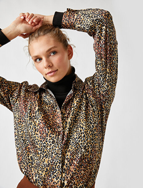 Koton Kadın Leopar Desemli Gömlek Uzun Kollu