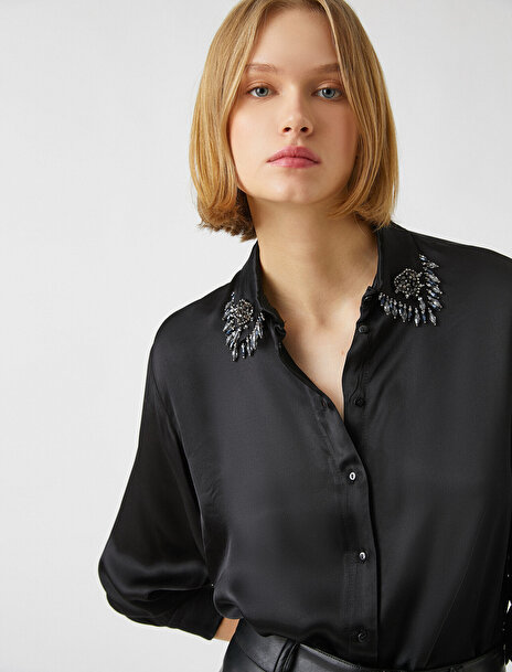 Koton Kadın Yakası Taş İşlemeli Saten Gömlek