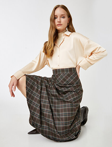 Koton Kadın Yüksek Bel Midi Ekoseli Etek