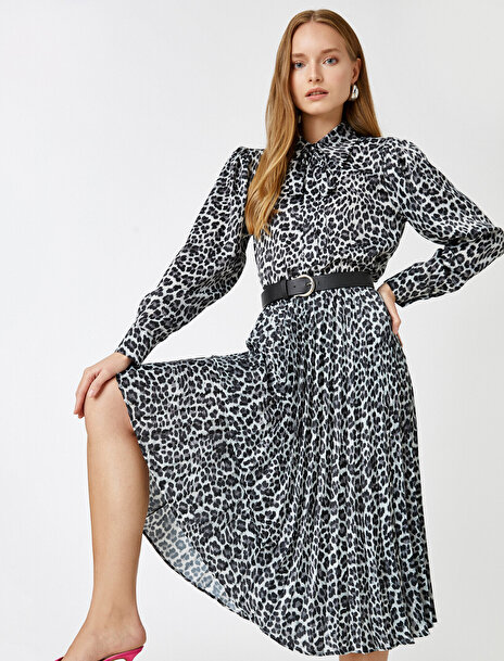 Koton Kadın Leopar Desenli Pileli Midi Etek