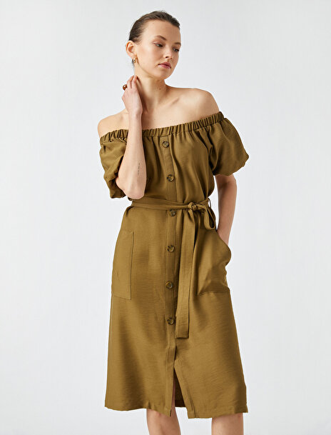 Koton Kadın Balon Kollu Kayık Yaka Düğmeli Elbise Koton Kadın Balon Kollu Kayık Yaka Düğmeli Elbise