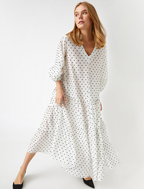 Koton Kadın Balon Kollu Puantiyeli Fırfırlı Elbise