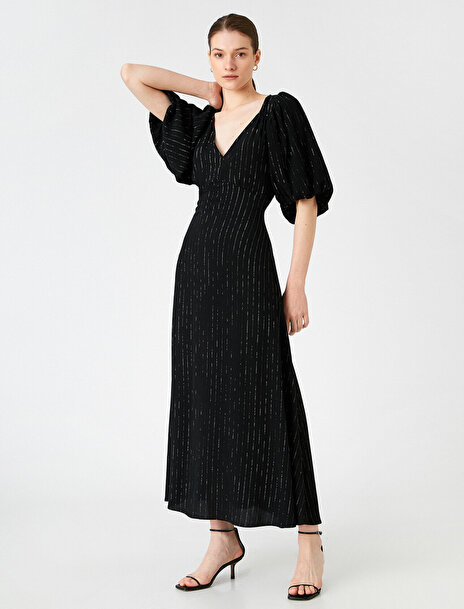 Koton Kadın Uzun Elbise V Yaka Balon Kollu Koton Kadın Uzun Elbise V Yaka Balon Kollu