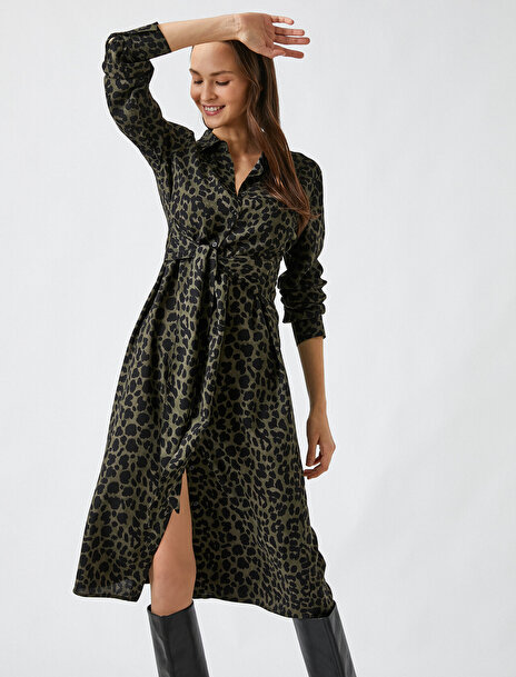 Koton Kadın Kuşaklı Leoparlı Midi Gömlek Elbise