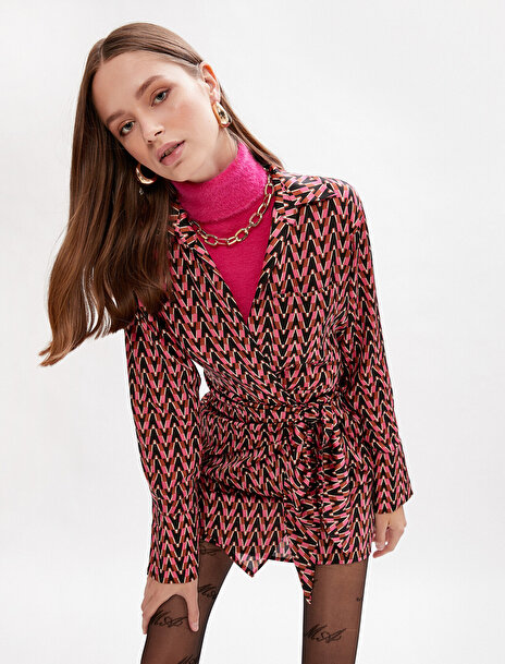 Koton Kadın Desenli Gömlek Yaka Kuşaklı Saten Mini Elbise