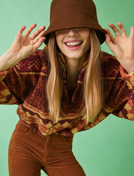 Koton Ole Genç Kız Desenli Fermuarlı Peluş Sweatshirt