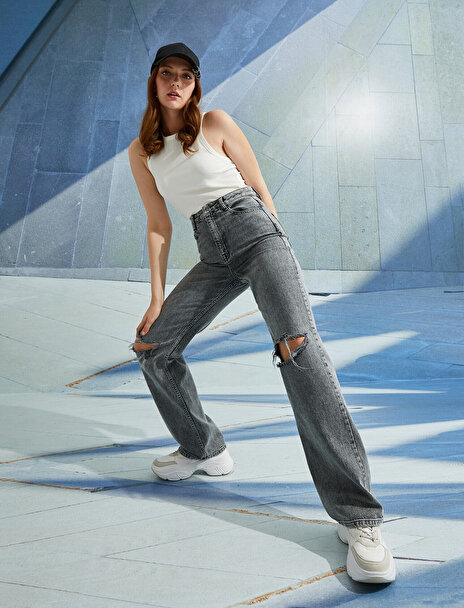 Koton Ole Genç Kız Yüksek Bel Dizi Yırtık Bol Paça Kot Pantolon