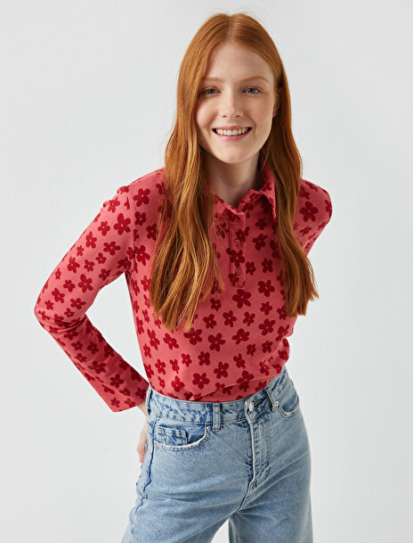 Koton Ole Genç Kız Desenli Polo Yaka Triko Kazak