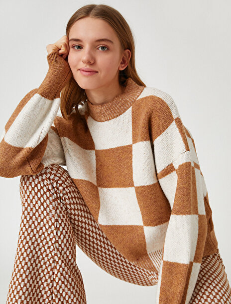 Koton Ole Genç Kız Bisiklet Yaka Kareli Uzun Kollu Kazak