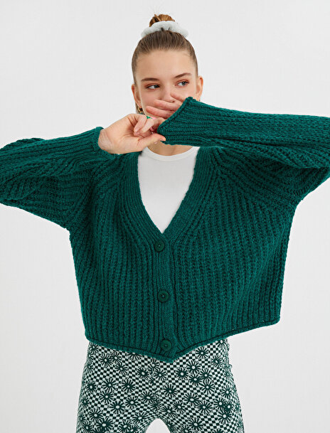 Koton Kadın V Yaka Düğmeli Uzun Kollu Hırka