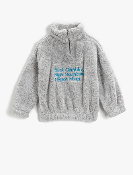 Koton Erkek Çocuk Polar Sloganlı Sweatshirt Yakası Fermuarlı