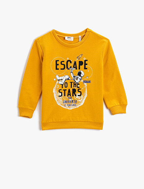 Koton Erkek Çocuk Astronot Baskılı Sweatshirt Uzun Kollu Bisiklet Yaka