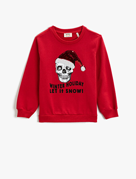 Koton Erkek Çocuk Yılbaşı Temalı Baskılı Payetli Sweatshirt Uzun Kollu
