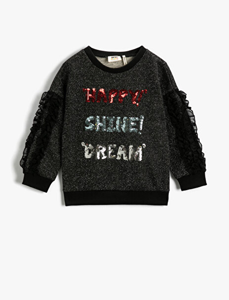 Koton Kız Çocuk Sloganlı Payetli Tüllü Sweatshirt Uzun Kollu