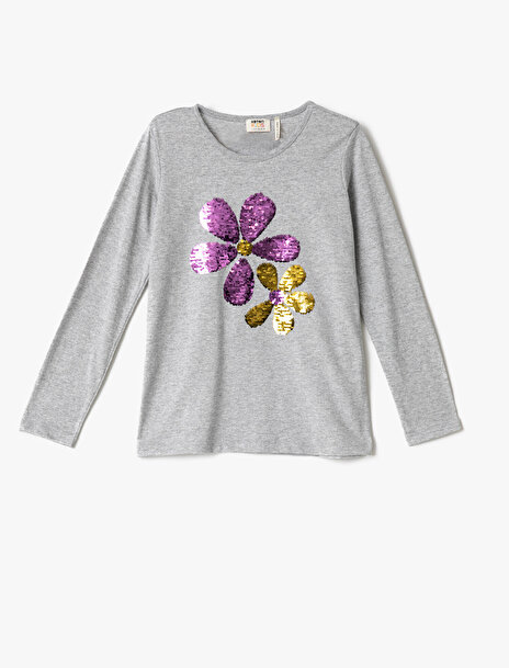 Koton Kız Çocuk Çiçekli Pullu Tişört Uzun Kollu Pamuklu
