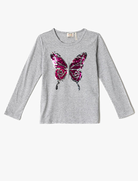 Koton Kız Çocuk Kelebekli Pullu Uzun Kollu Tişört Pamuklu