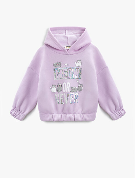 Koton Kız Çocuk Kedi Baskılı Payetli Kapüşonlu Sweatshirt Oversize