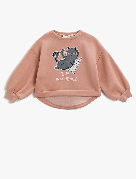 Koton Kız Çocuk Kedi Baskılı Balon Kollu Sweatshirt Bisiklet Yaka