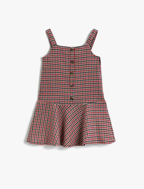 Koton Kız Çocuk Kazayağı Desenli Salopet Elbise Kolsuz Volanlı