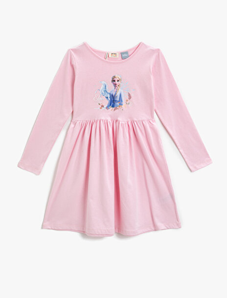 Koton Kız Çocuk Elsa Lisanslı Baskılı Elbise Pamuklu Uzun Kollu