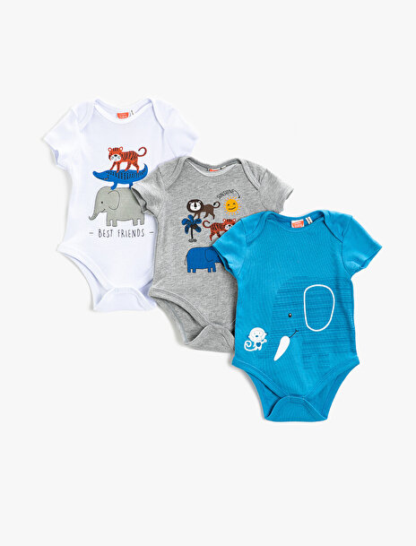 Koton Erkek Çocuk 3'lü Hayvan Baskılı Kısa Kollu Çıtçıtlı Zıbın Seti Pamuklu