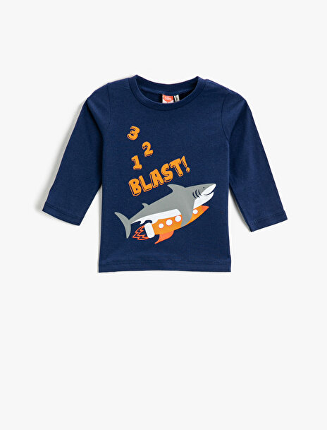 Koton Erkek Çocuk Köpek Balığı Baskılı Uzun Kollu Tişört Pamuklu