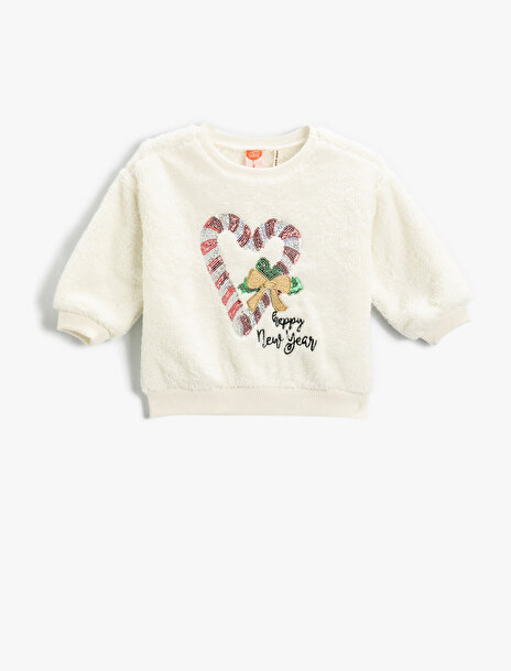 Koton Kız Çocuk Yılbaşı Temalı Pul İşlemeli Peluş Sweatshirt