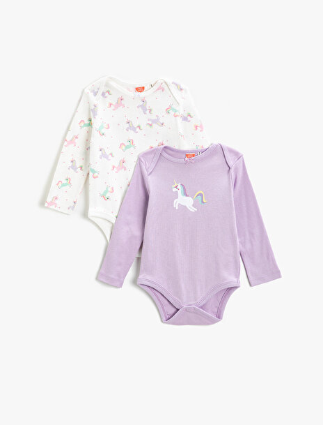 Koton Kız Çocuk 2'li Unicorn Baskılı Uzun Kollu Çıtçıtlı Zıbın Seti Pamuklu