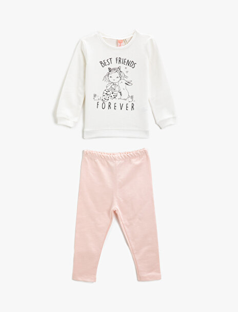 Koton Kız Çocuk Eşofman Takımı Baskılı Sweatshirt Beli Lastikli Eşofman Altı Pamuklu