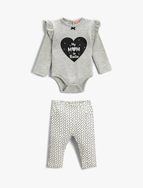 Koton Kız Çocuk Kalp Baskılı Omzu Fırfırlı Çıtçıtlı Zıbın Tayt Seti