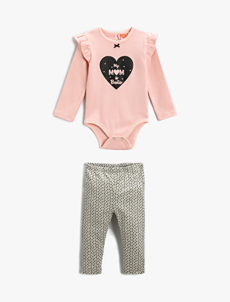 Koton Kız Çocuk Kalp Baskılı Omzu Fırfırlı Çıtçıtlı Zıbın Tayt Seti