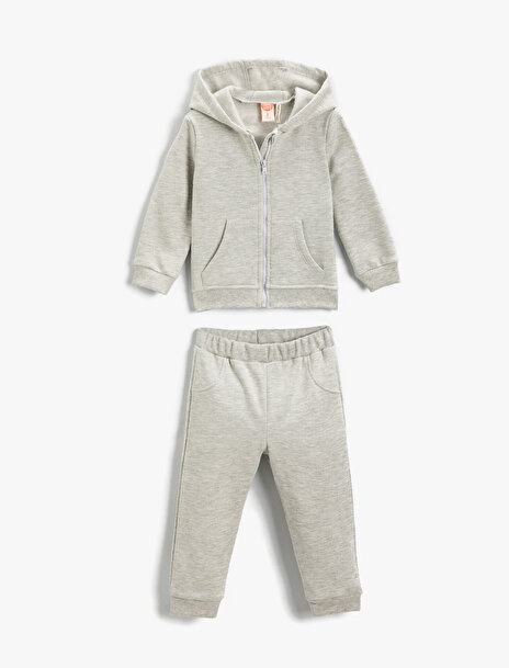 Koton Kız Çocuk Kapüşonlu Fermuarlı Sweatshirt Jogger Eşofman Altı Seti Pamuklu
